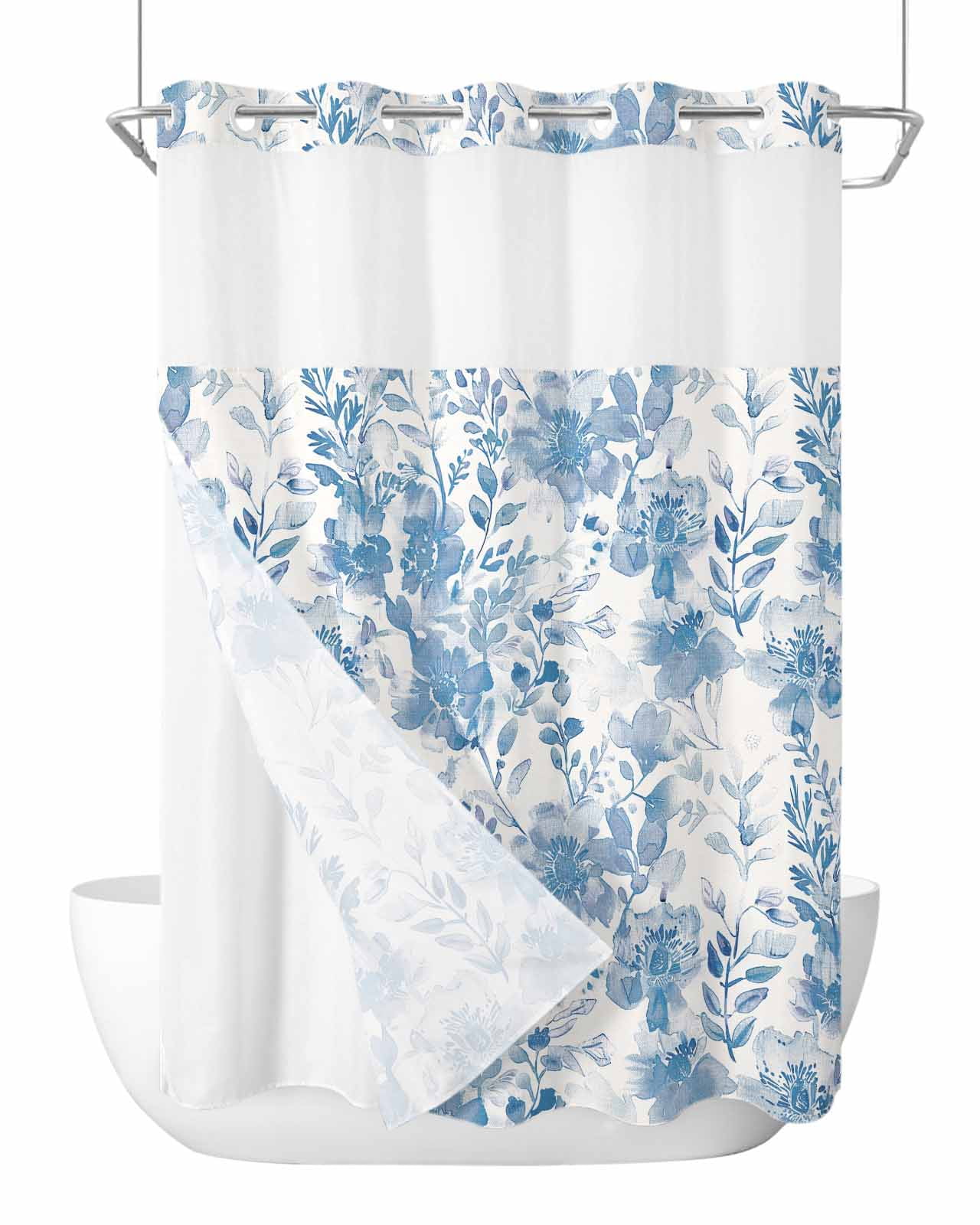 No Hook Shower Curtain with Snap in Liner Abstract Off White Floral ...