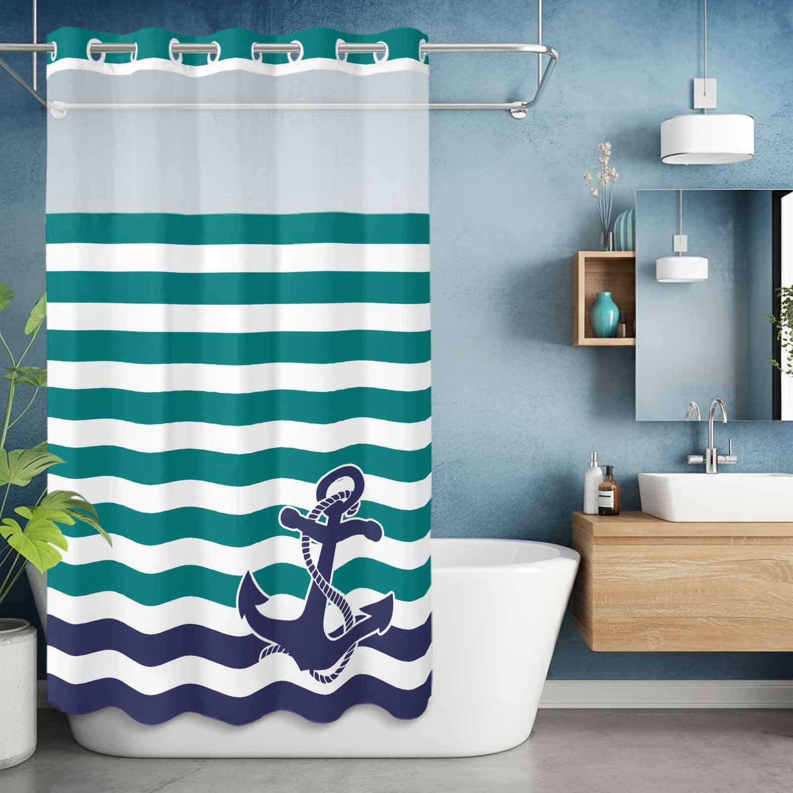 No Hook Shower Curtain with Snap in Liner, Anchor Teal White Stripe ...
