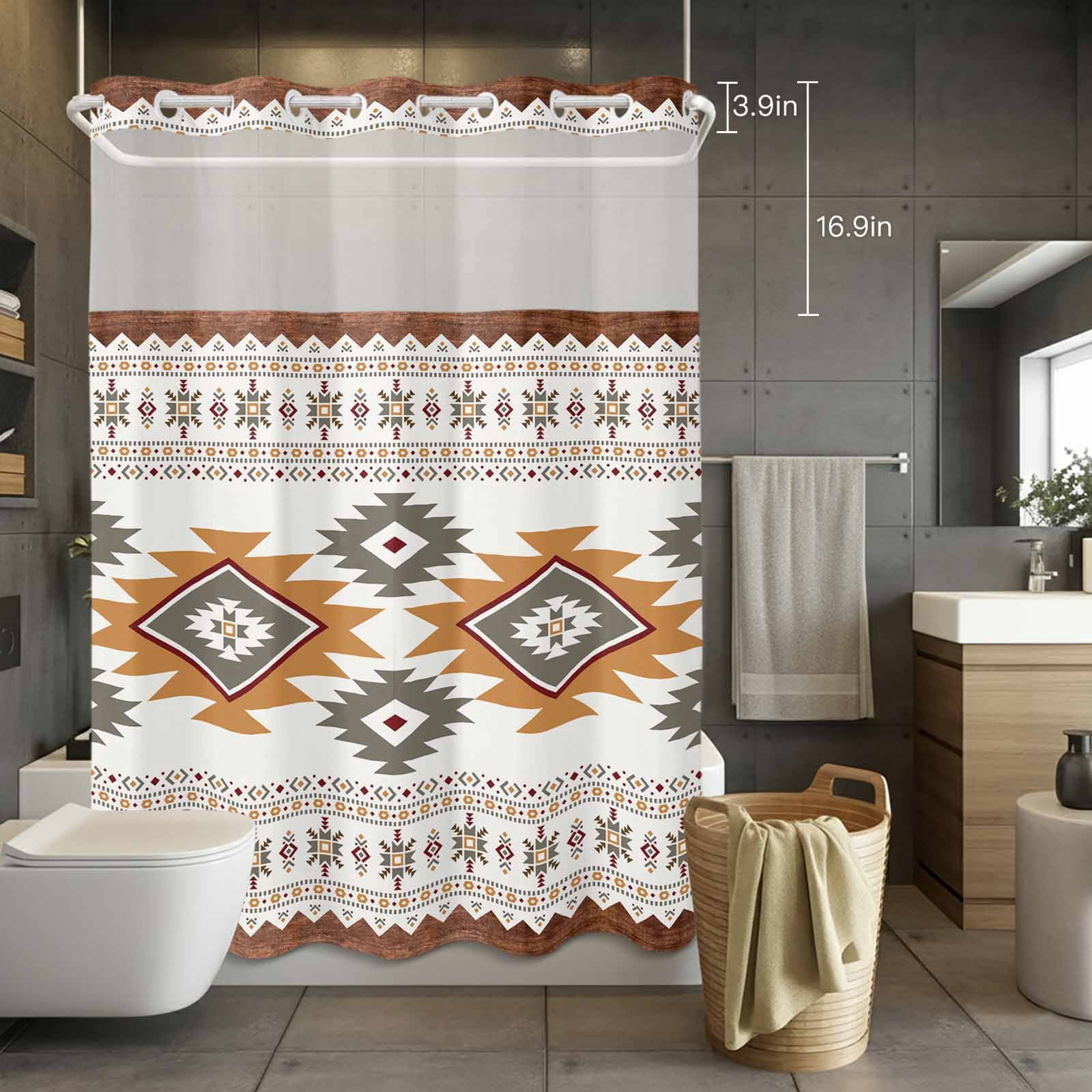 No Hook Shower Curtain with Snap in Liner, Aztec Boho Stripe Ethnic ...