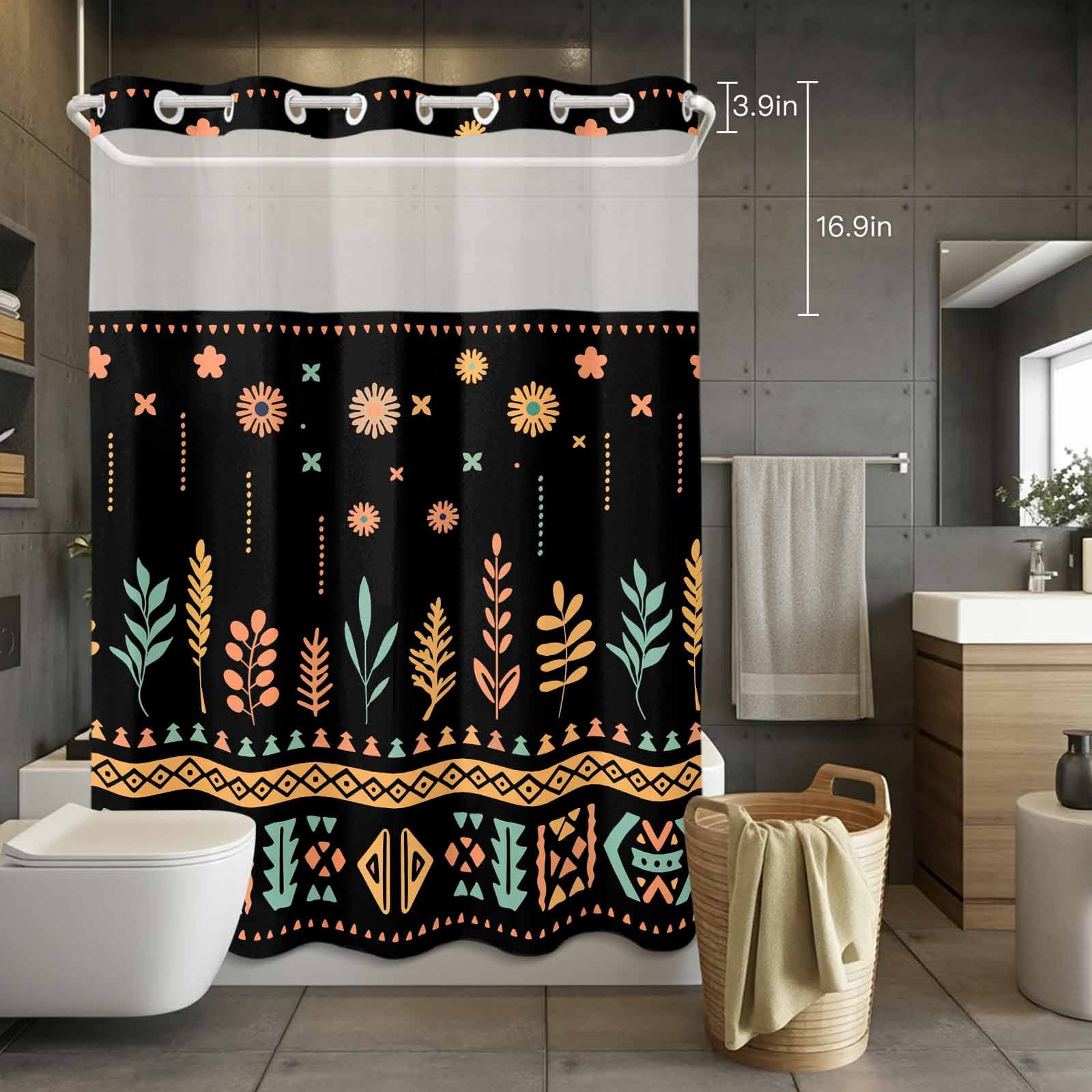 No Hook Shower Curtain with Snap in Liner, Aztec Ethnic Tribal Texture ...