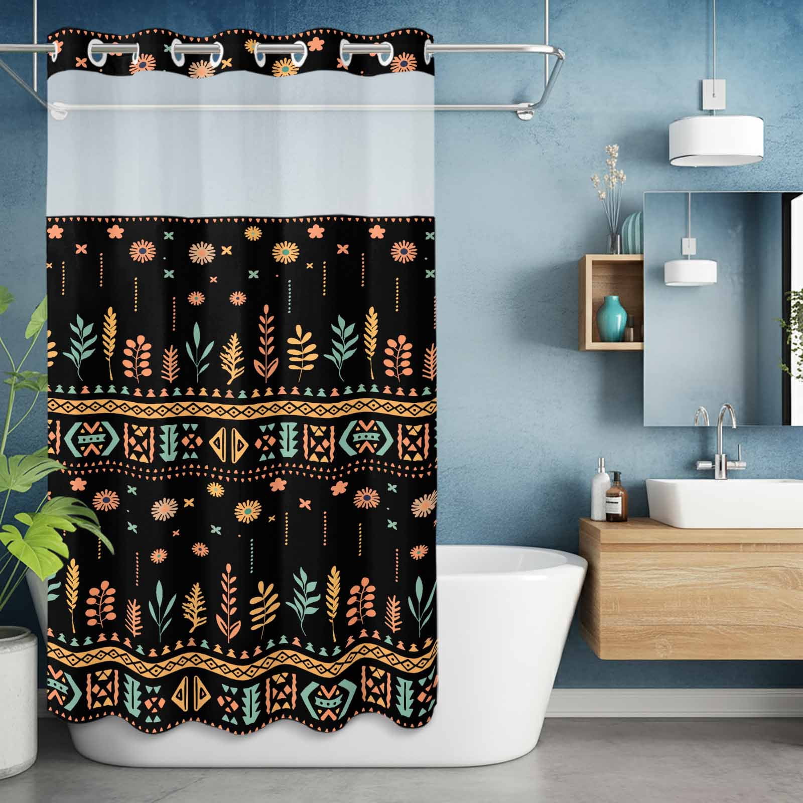 No Hook Shower Curtain with Snap in Liner, Aztec Ethnic Tribal Texture ...