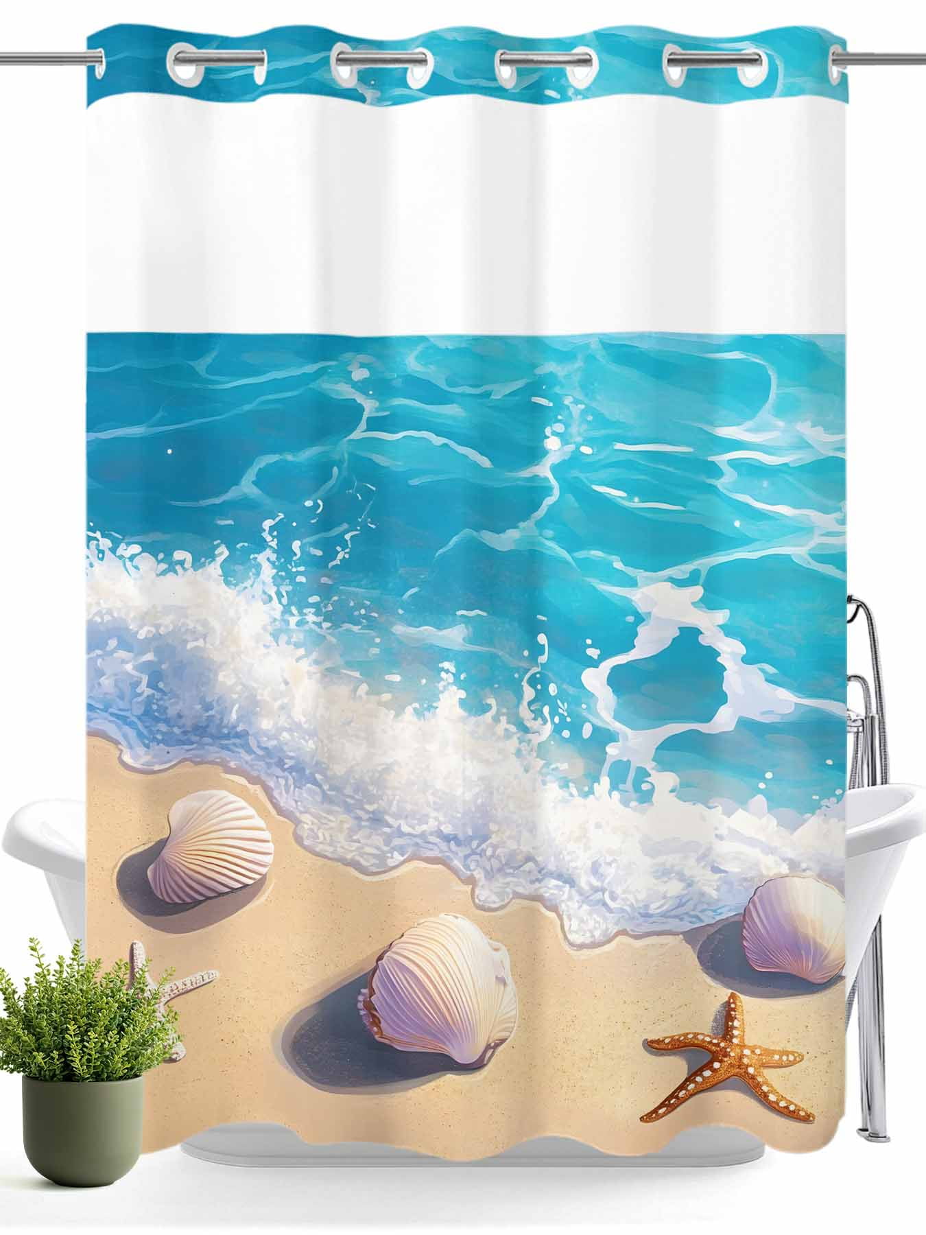 No Hook Shower Curtain with Snap in Liner,Beach Shells Starfish Summer ...