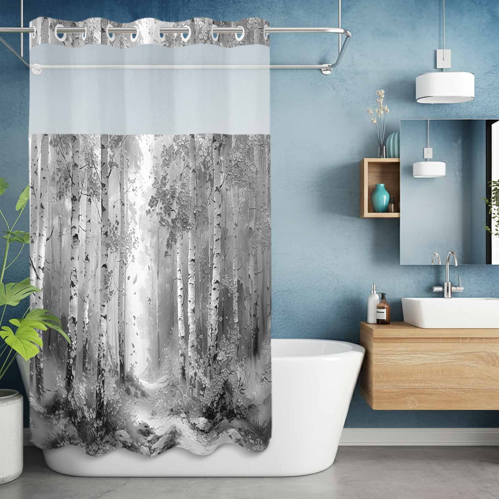 No Hook Shower Curtain with Snap in Liner, Birch Tree Black White ...