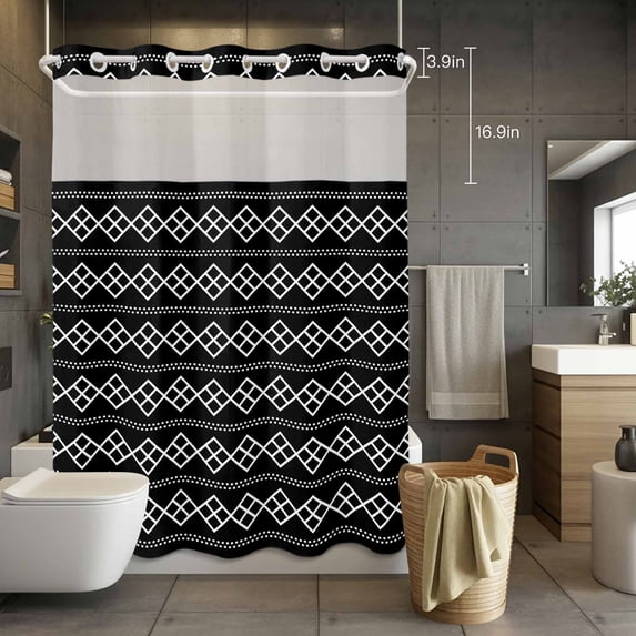 No Hook Shower Curtain with Snap in Liner, Black White Minimalist ...