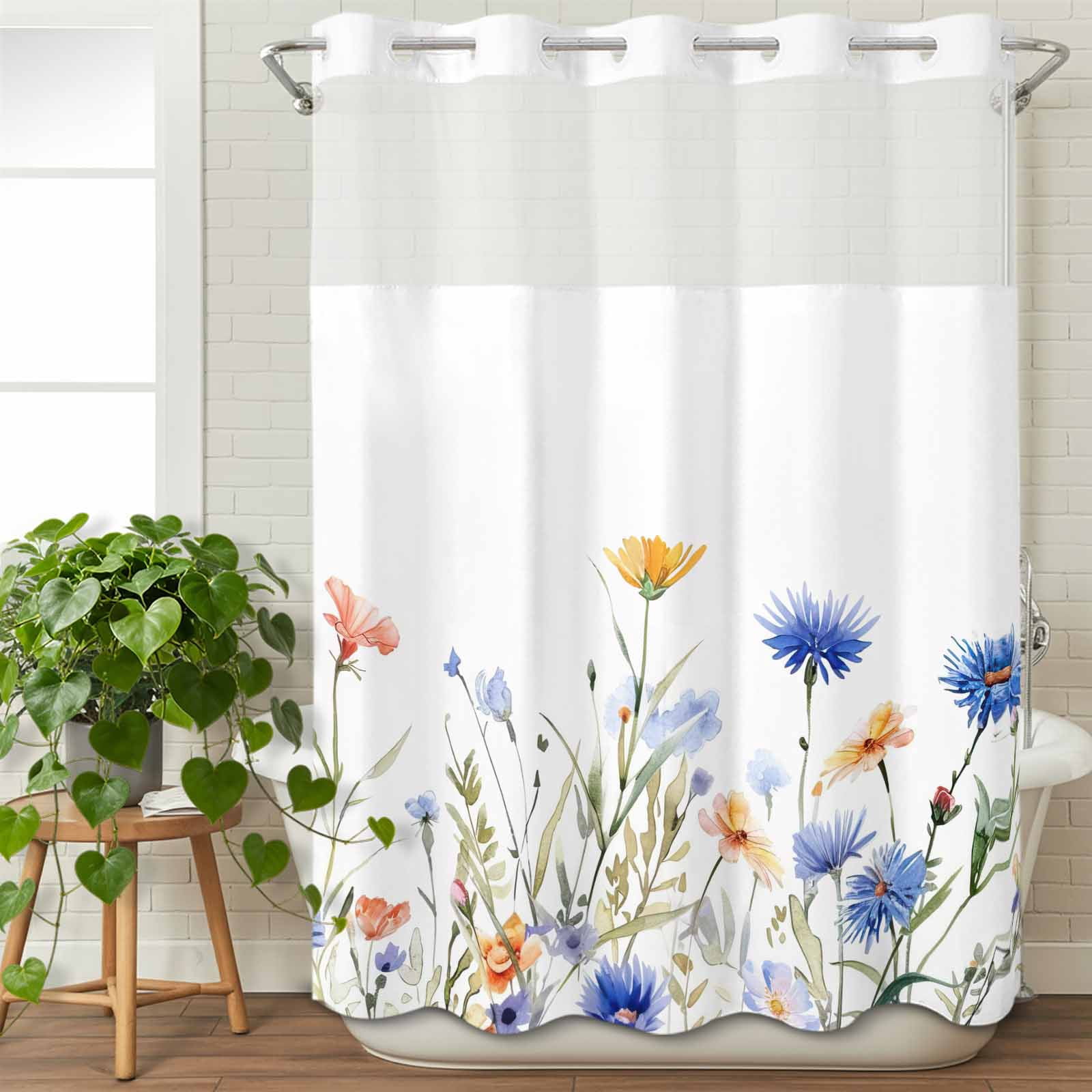 No Hook Shower Curtain with Snap in Liner, Blossom Flower Watercolor ...