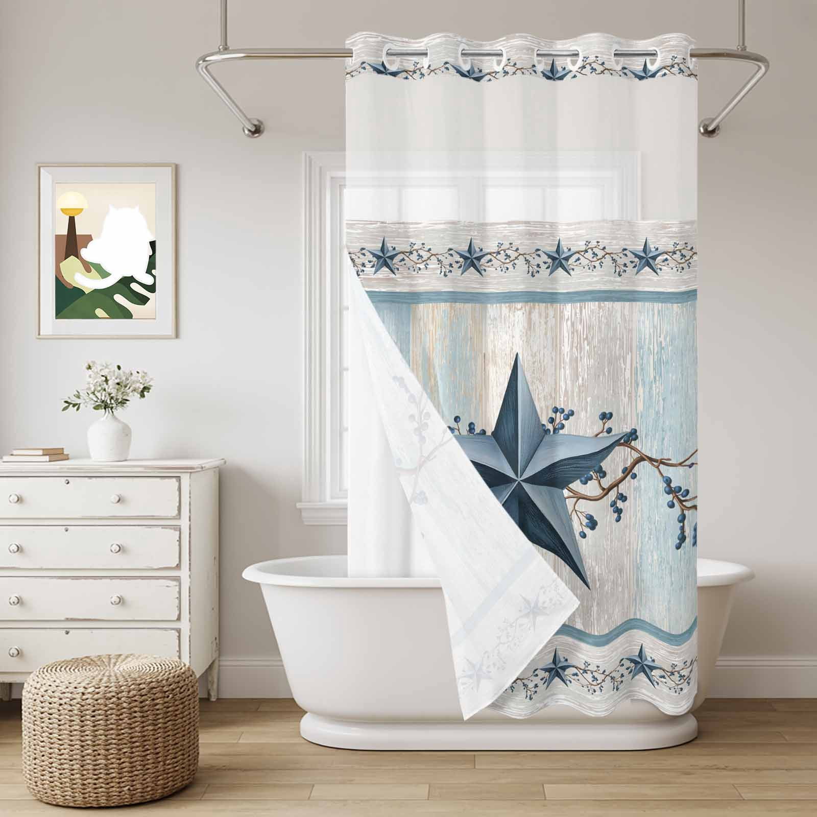 No Hook Shower Curtain with Snap in Liner, Blue Country Star Curtain ...