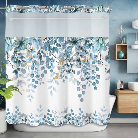 No Hook Shower Curtain with Snap in Liner, Blue Eucalyptus Leaves ...