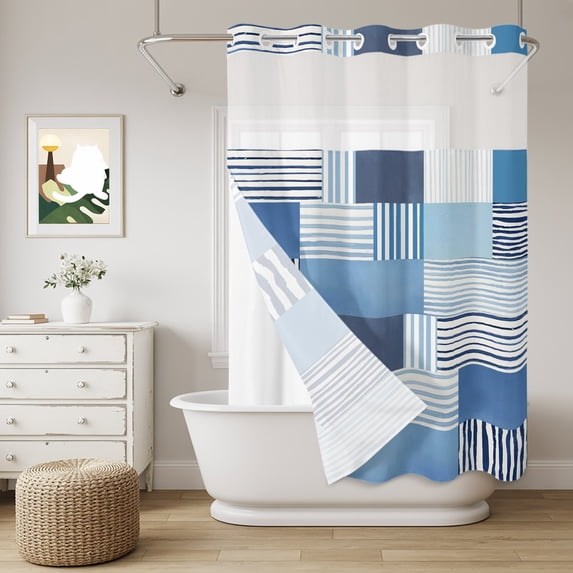 No Hook Shower Curtain with Snap in Liner, Blue Gradient Color Block ...