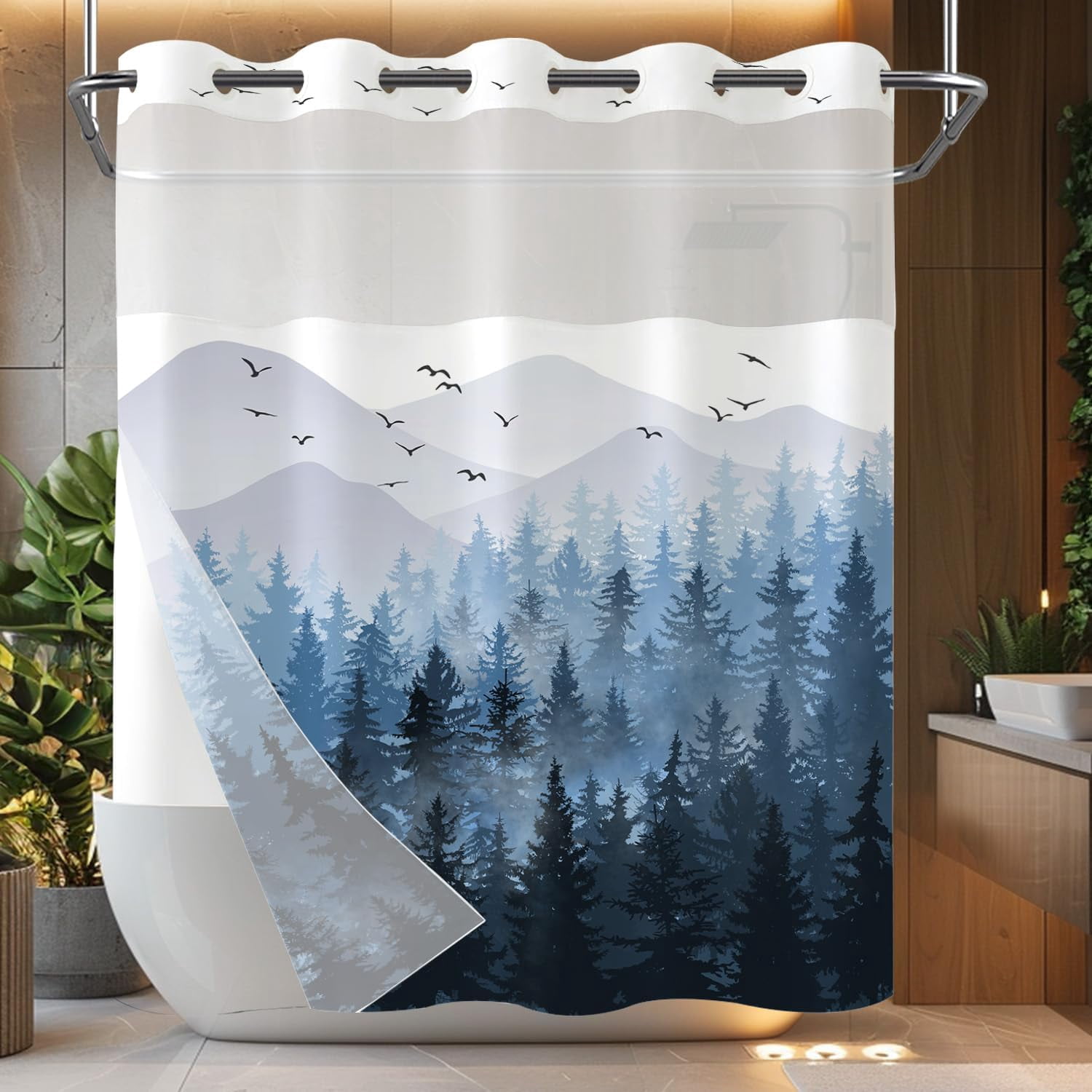 No Hook Shower Curtain with Snap in Liner Blue Misty Forest Hookless ...