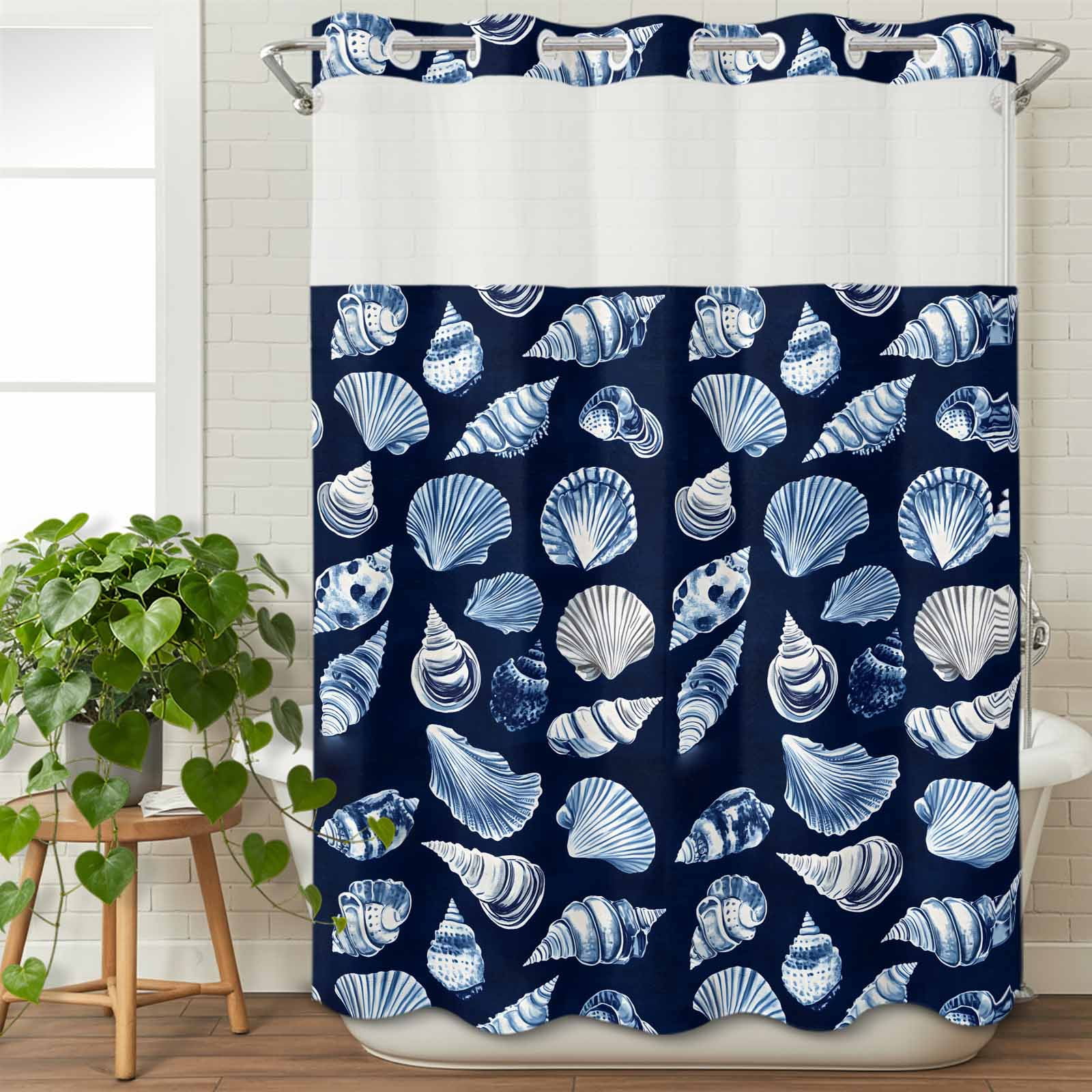 No Hook Shower Curtain with Snap in Liner, Blue Shell Conch Summer ...