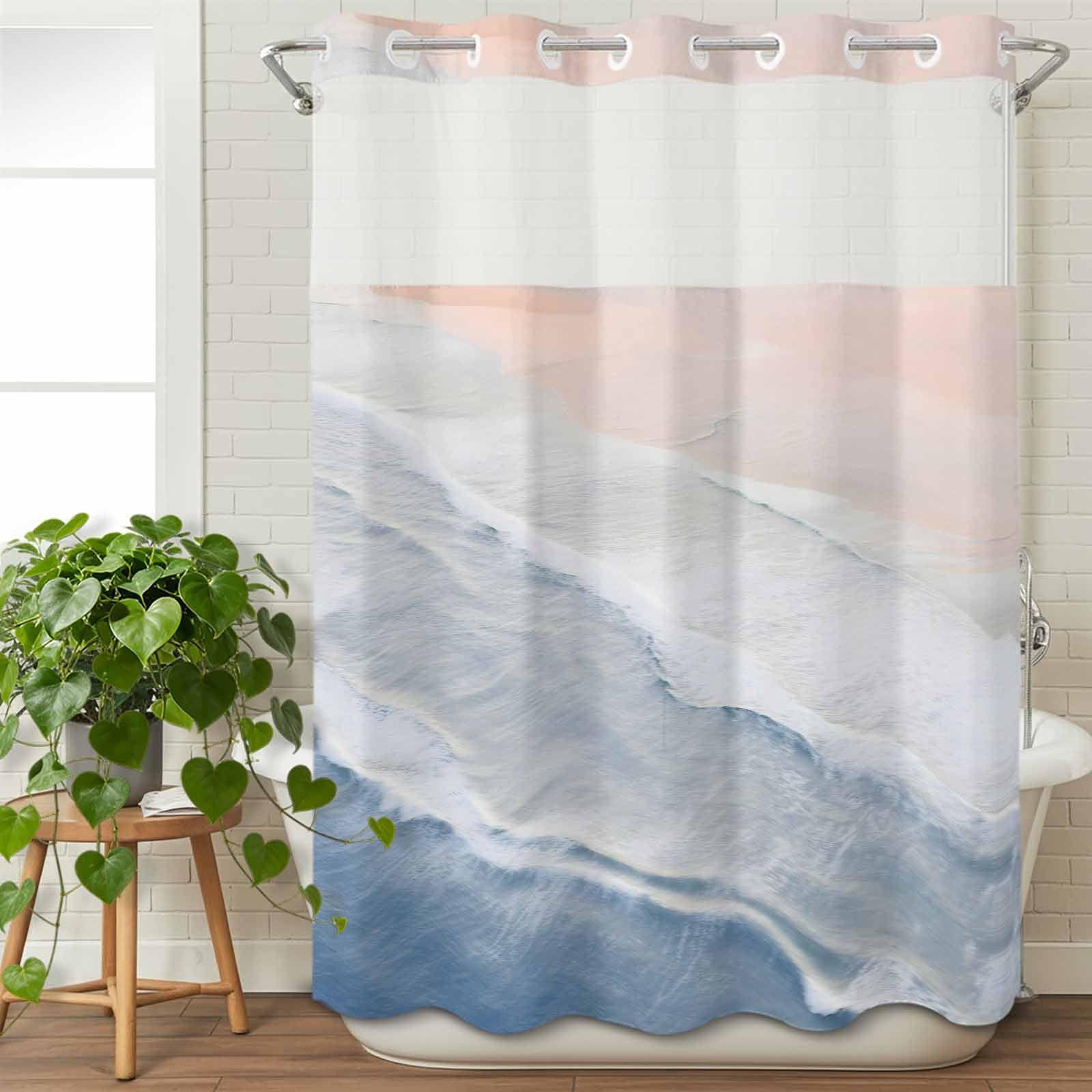 No Hook Shower Curtain with Snap in Liner, Blue Waves Bohemian Beach ...