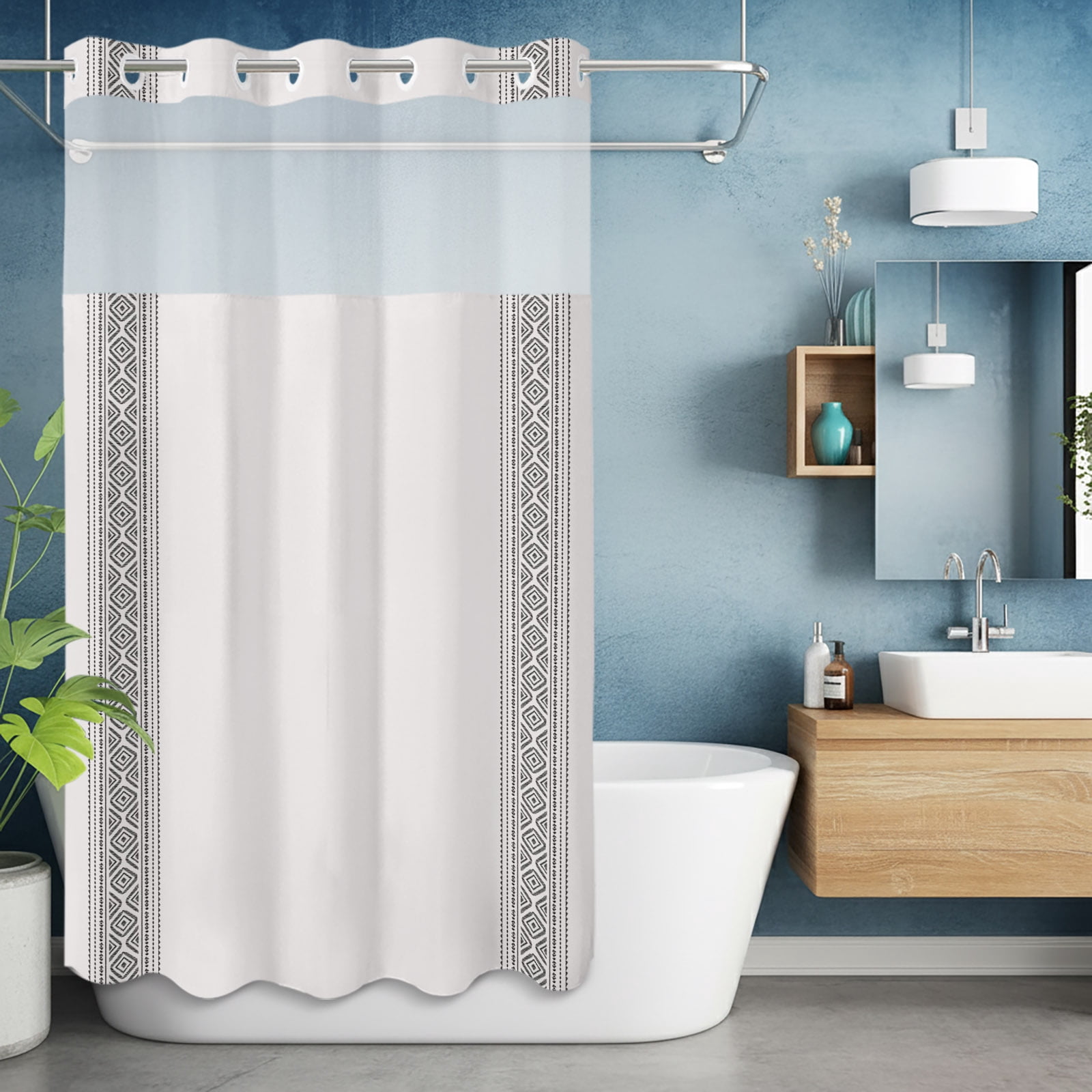 No Hook Shower Curtain with Snap in Liner, Boho Black Geometric Texture ...
