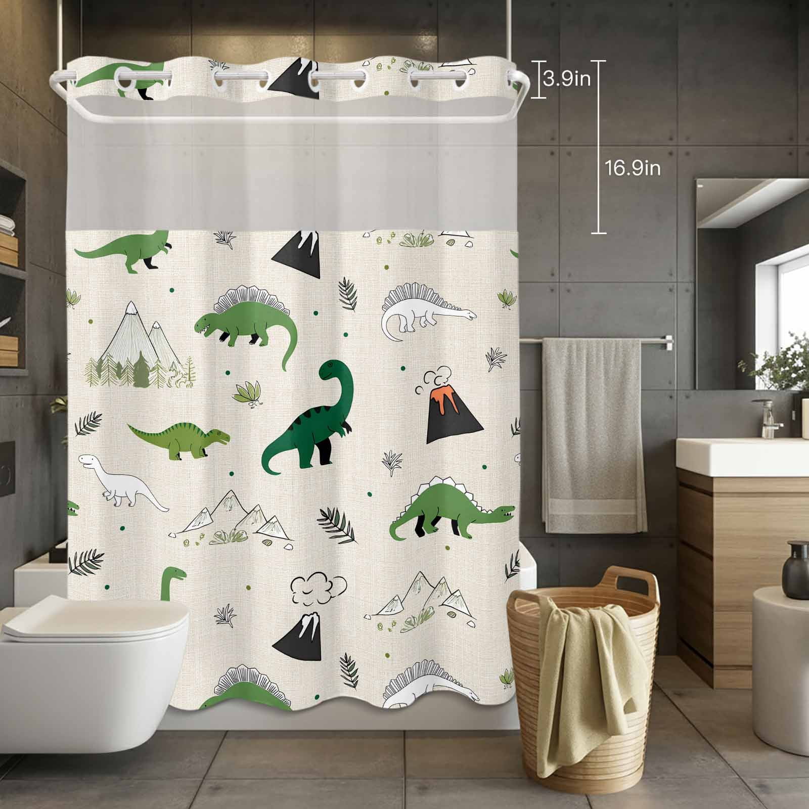 No Hook Shower Curtain with Snap in Liner, Cartoon Dinosaurs Mountain ...
