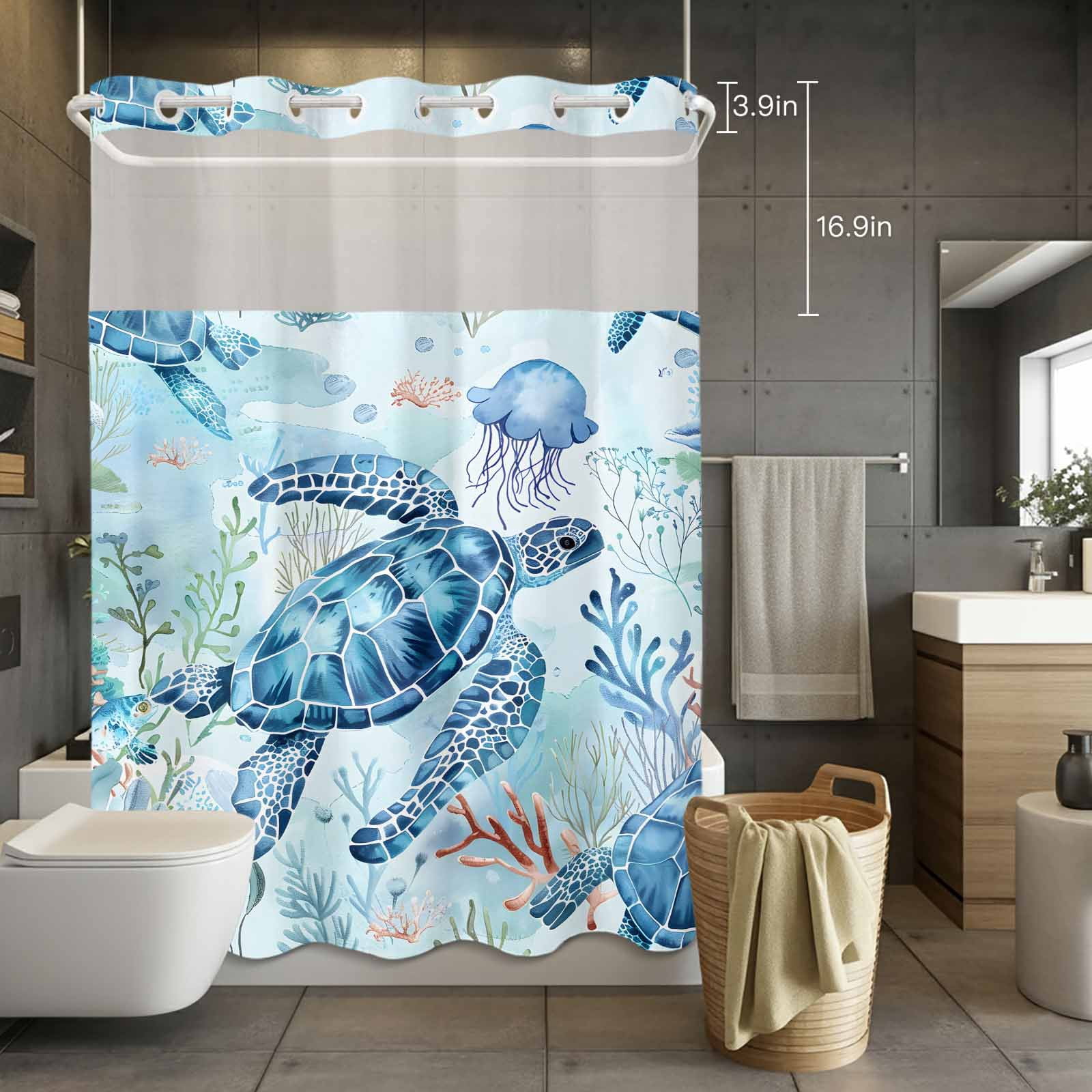 No Hook Shower Curtain with Snap in Liner, Cartoon Sea Turtle Blue ...