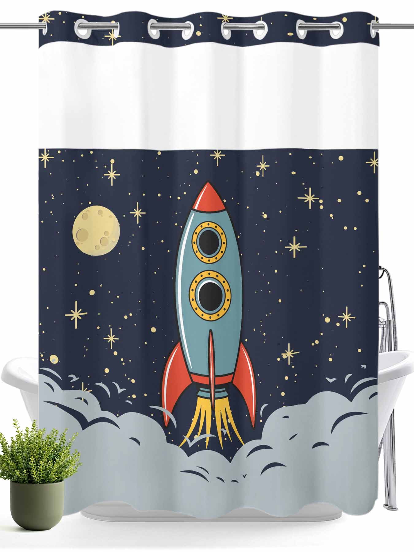 No Hook Shower Curtain with Snap in Liner,Cartoon Space Rocket Launch ...