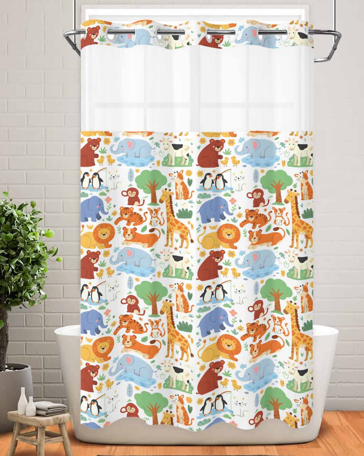 No Hook Shower Curtain with Snap in Liner,Cartoon Watercolor Zoo ...
