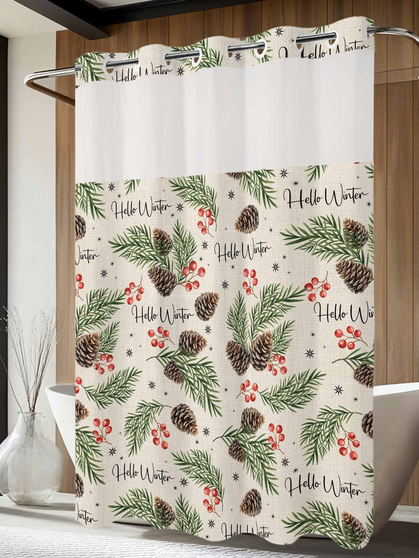 No Hook Shower Curtain with Snap in Liner, Christmas Berry Pine Cone ...
