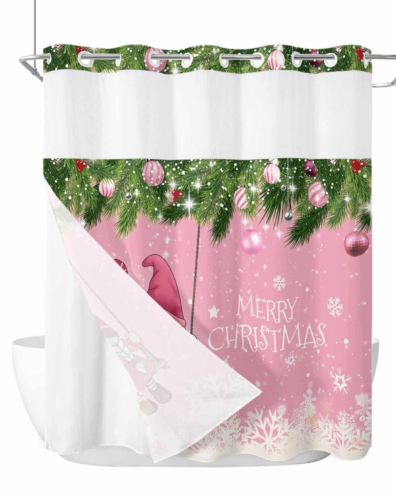 No Hook Shower Curtain with Snap in Liner,Christmas Dwarf Couple on ...