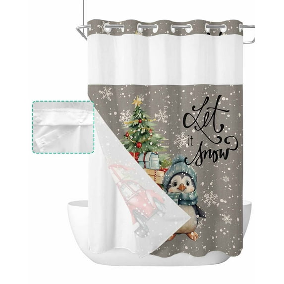 No Hook Shower Curtain with Snap in Liner, Christmas Penguin Car Gift ...