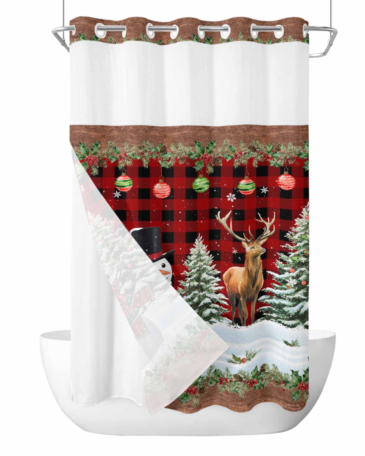 No Hook Shower Curtain with Snap in Liner,Christmas Snowman Tree Elk ...