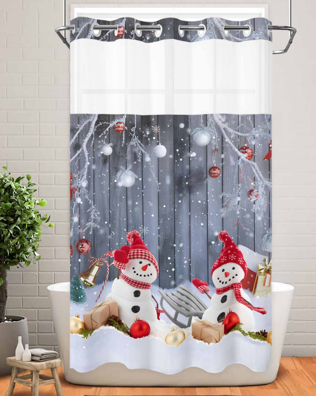 No Hook Shower Curtain with Snap in Liner,Christmas Snowmen Balls Bell ...
