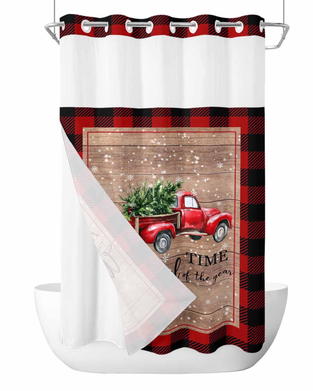 No Hook Shower Curtain with Snap in Liner,Christmas Tree Farm Truck ...