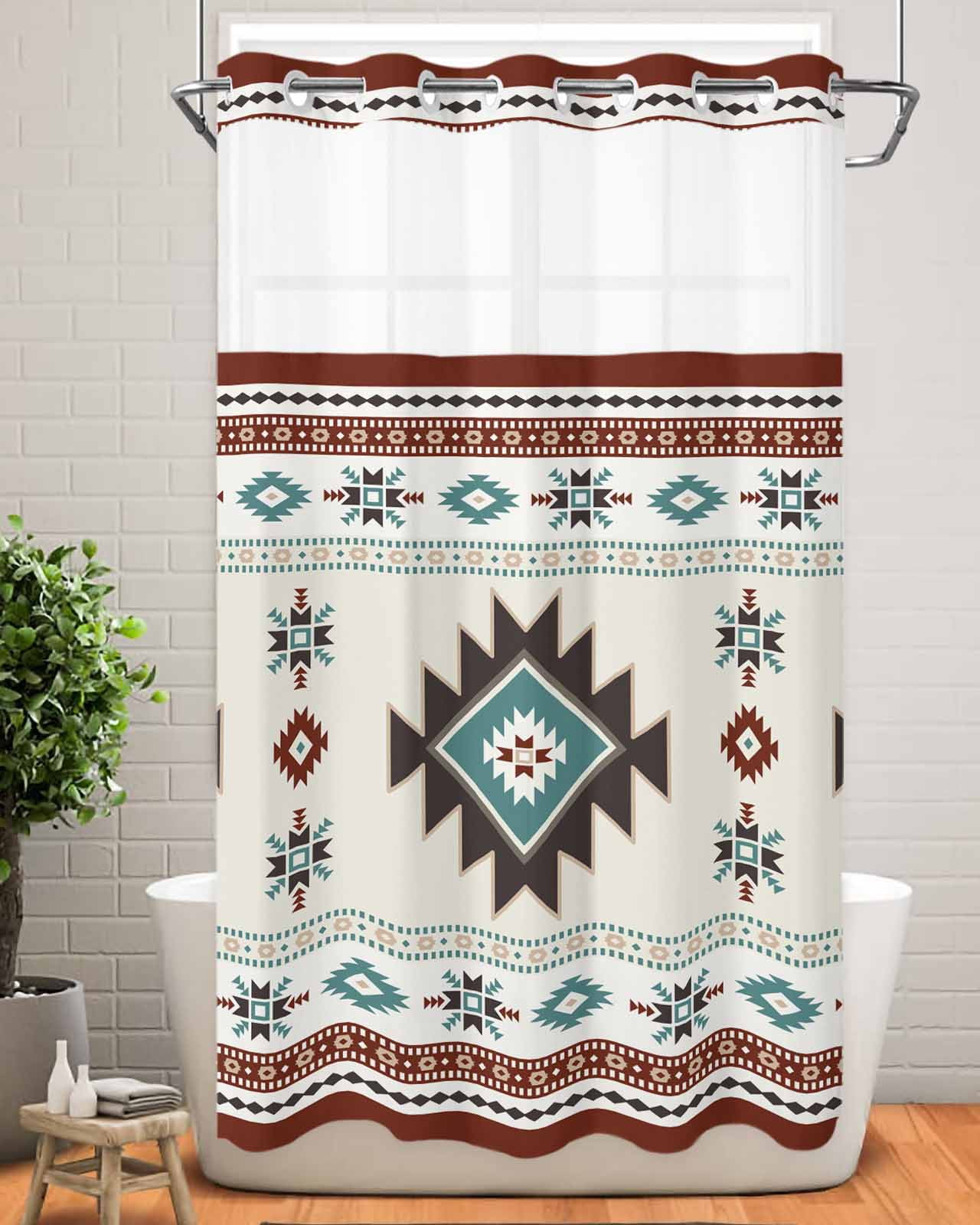 No Hook Shower Curtain with Snap in Liner,Classic Aztec Pattern ...