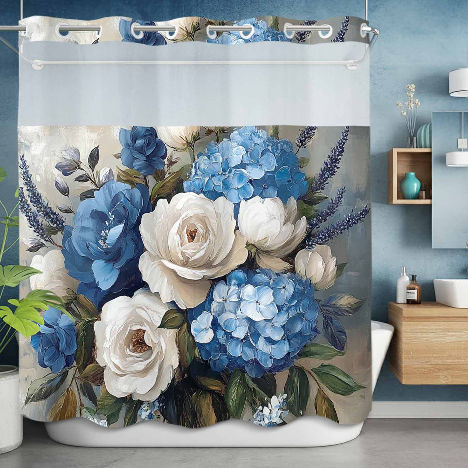 No Hook Shower Curtain with Snap in Liner, Country Blue Flower ...