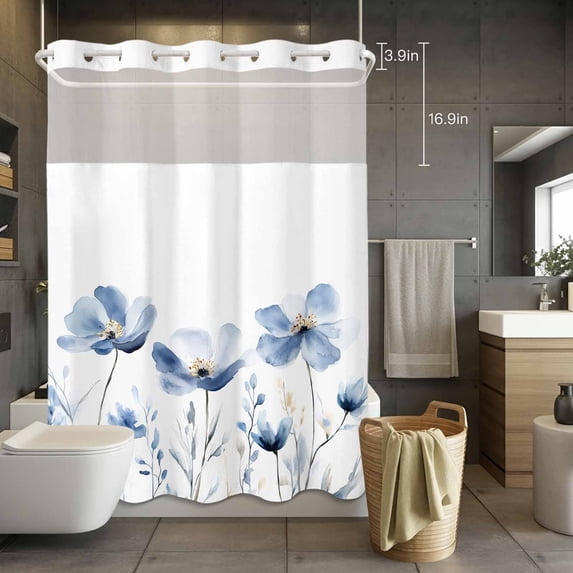 No Hook Shower Curtain with Snap in Liner, Country Blue Flower ...