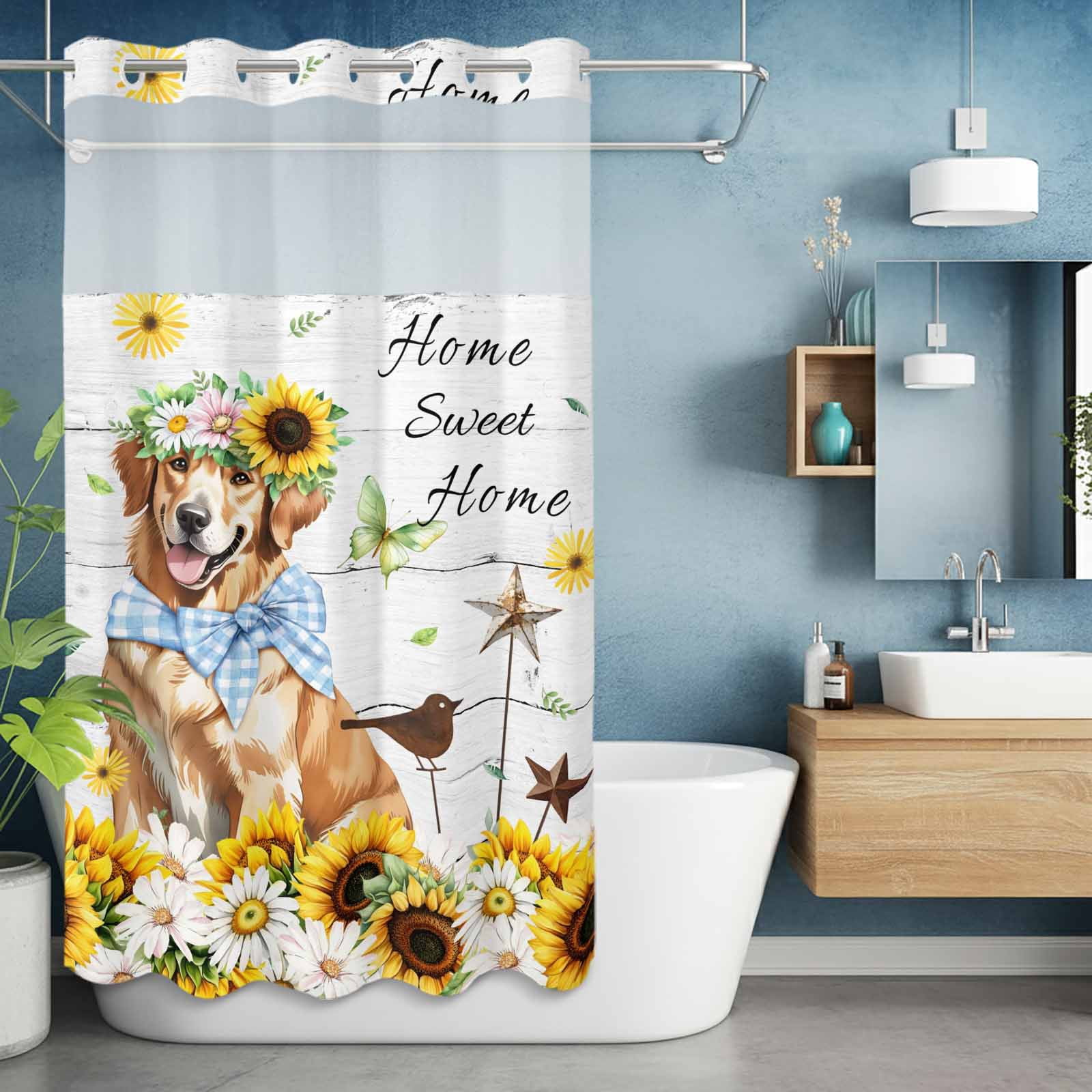 No Hook Shower Curtain with Snap in Liner, Country Dog Retro Star Bird ...