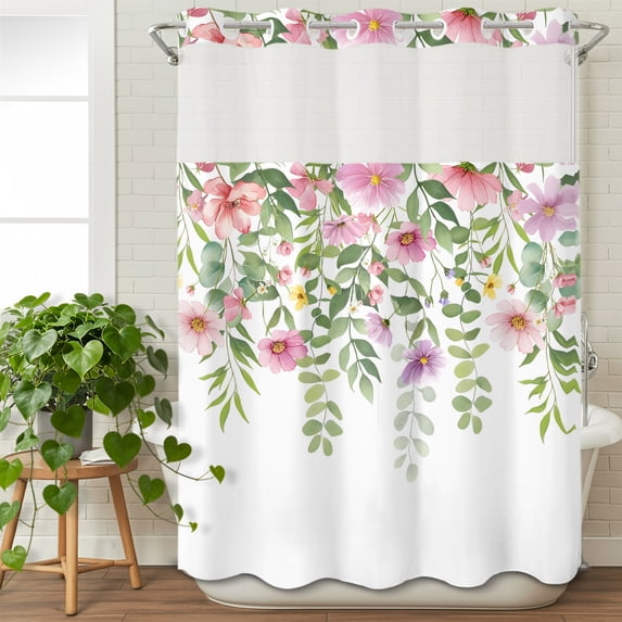 No Hook Shower Curtain with Snap in Liner, Country Flower Green Leaves ...