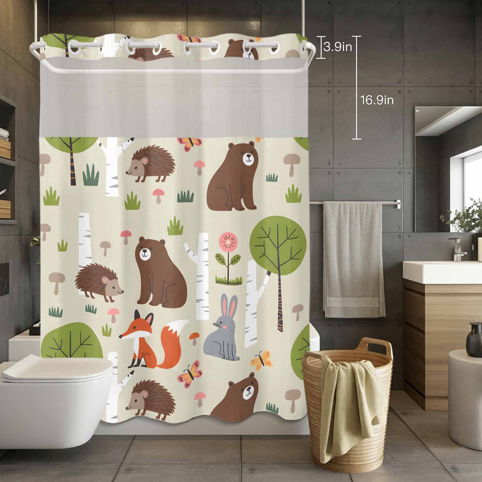 No Hook Shower Curtain with Snap in Liner, Cute Bear Hedgehog Fox ...
