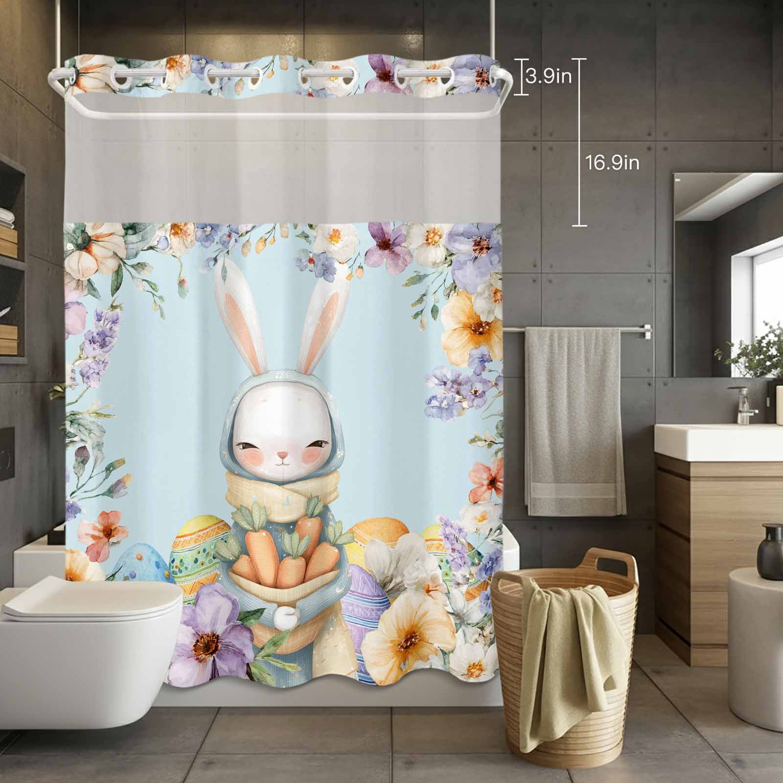 No Hook Shower Curtain with Snap in Liner, Easter Egg Elegant Rabbit ...