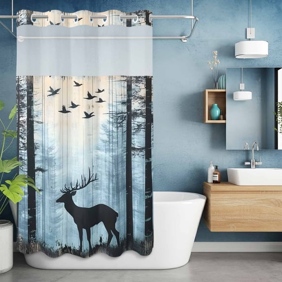 No Hook Shower Curtain with Snap in Liner, Elk Forest Jungle Animal ...