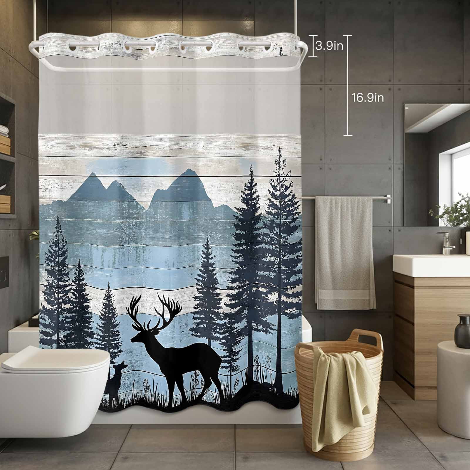No Hook Shower Curtain with Snap in Liner, Elk Forest Mountain Animal ...