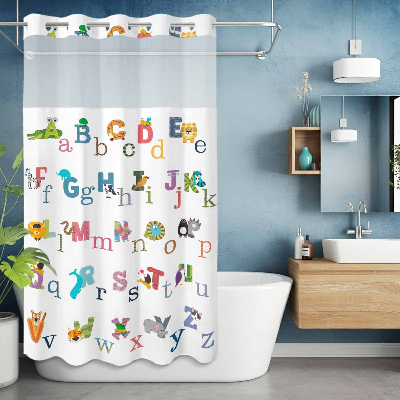 No Hook Shower Curtain with Snap in Liner, English Alphabet Cartoon ...