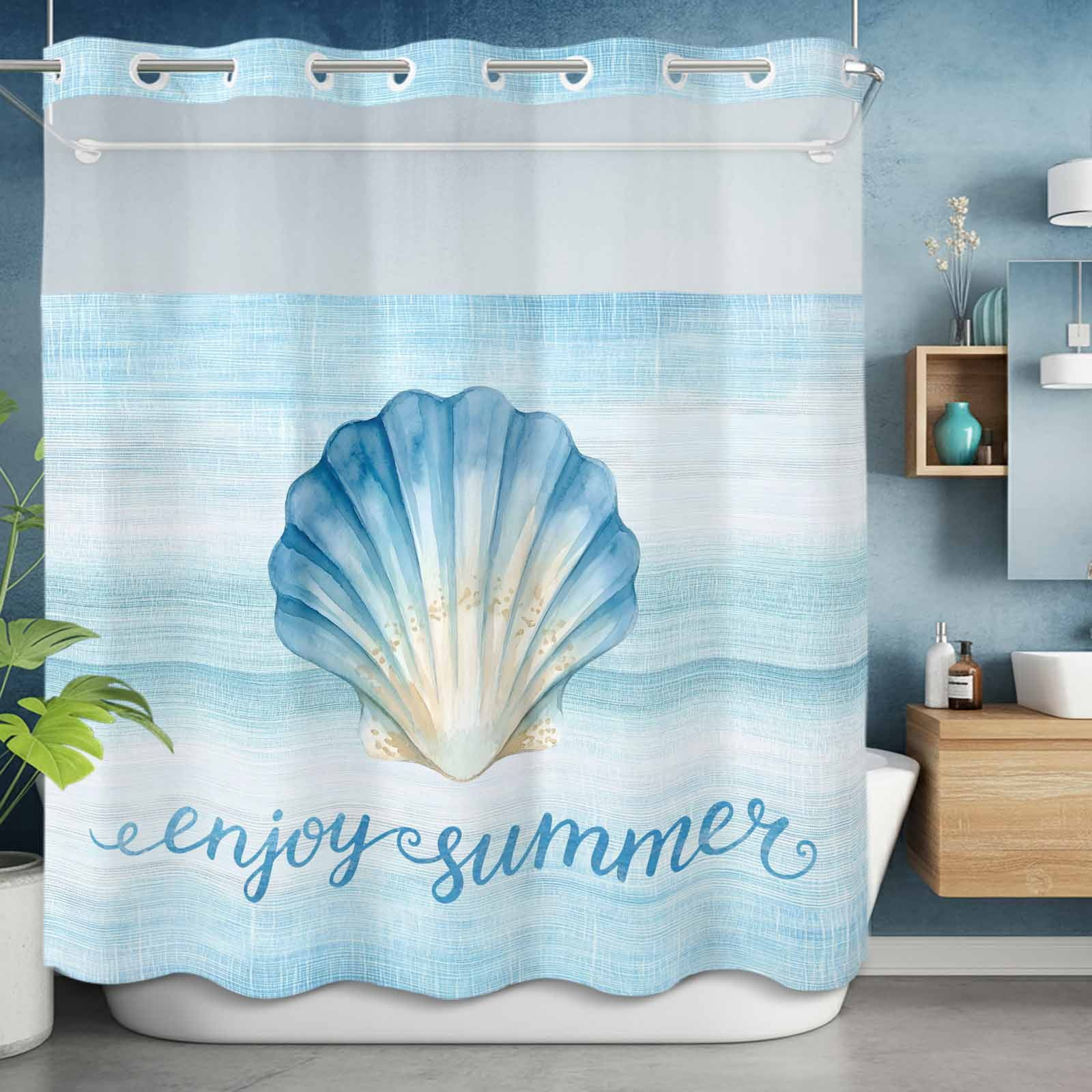 No Hook Shower Curtain with Snap in Liner, Enjoy Summer Words ...
