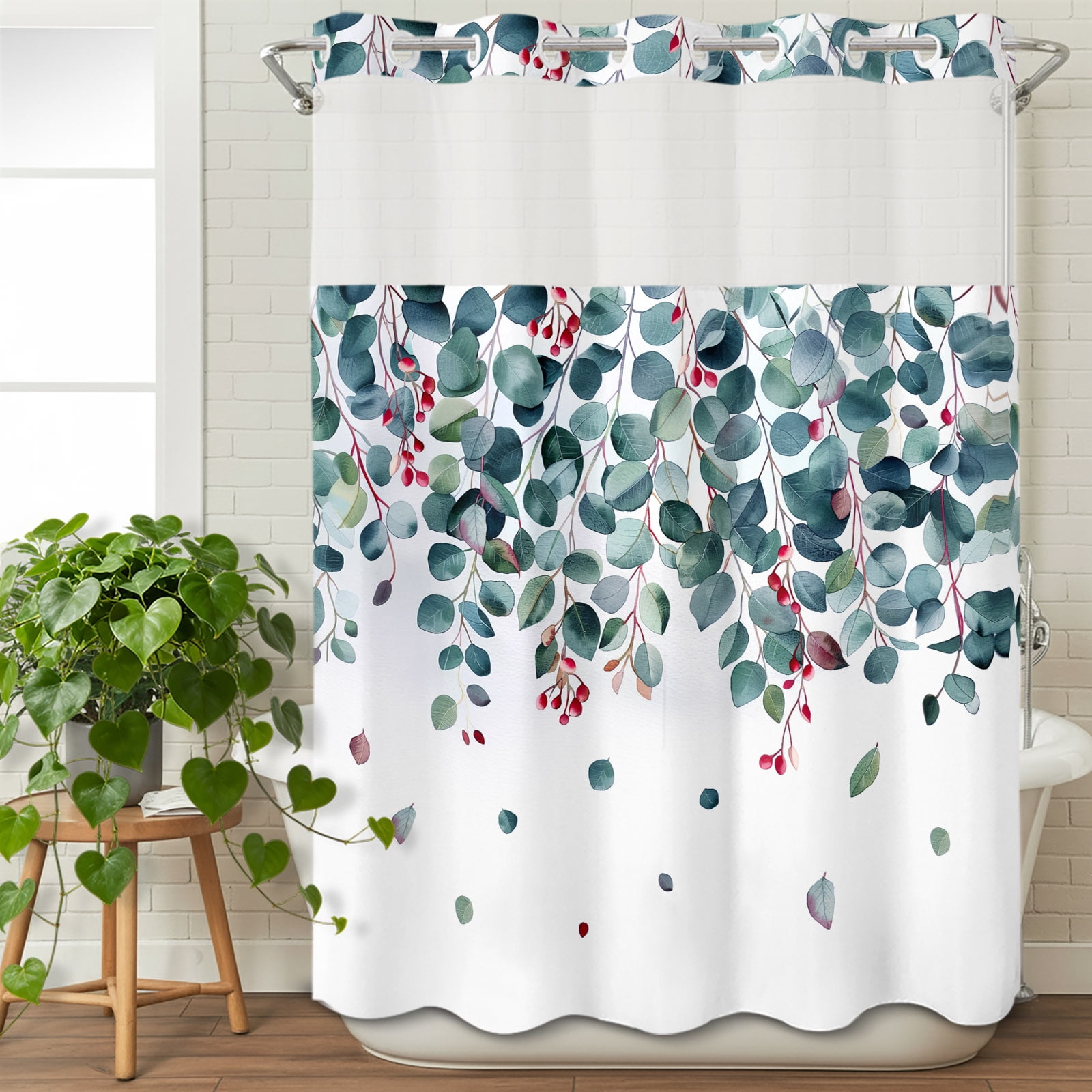No Hook Shower Curtain with Snap in Liner, Eucalyptus Berries Green ...