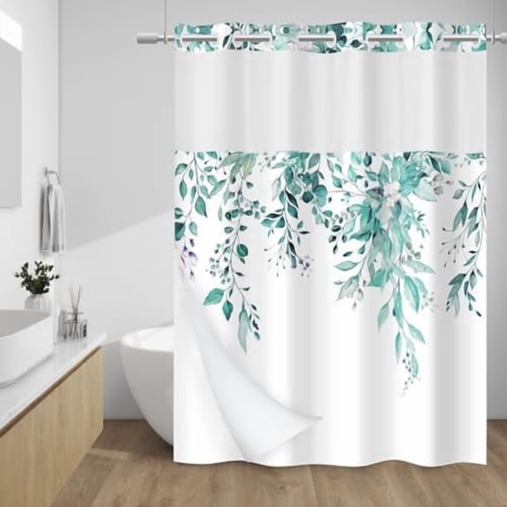 No Hook Shower Curtain with Snap in Liner - Eucalyptus Shower Curtain ...