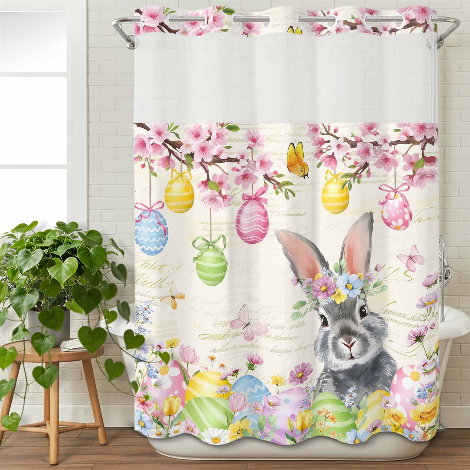 No Hook Shower Curtain with Snap in Liner, Farm Bunny Rabbit Eggs ...