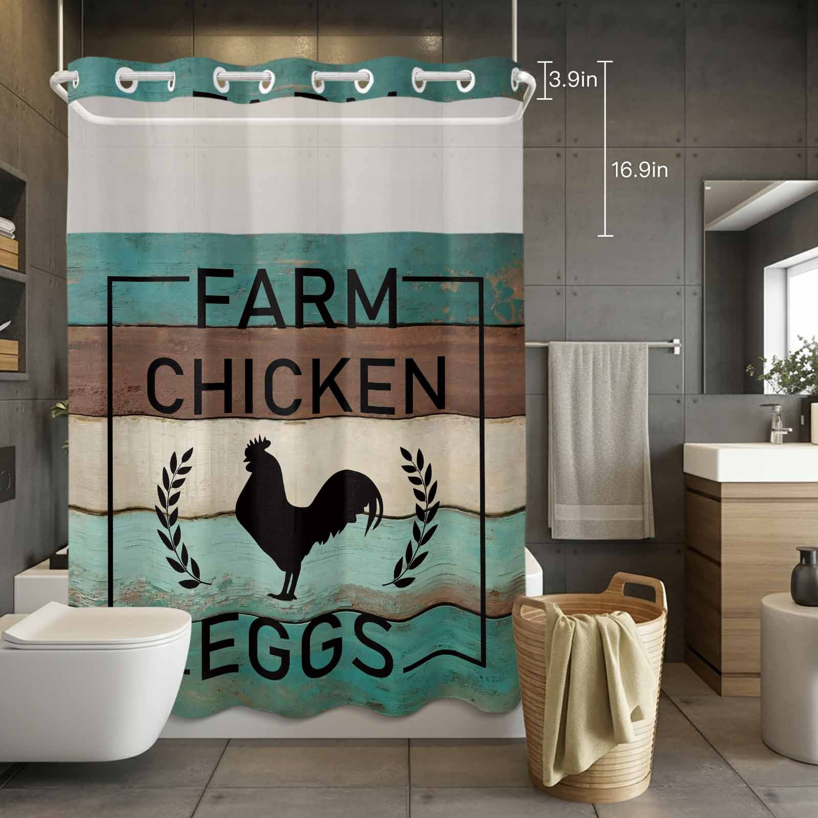 No Hook Shower Curtain with Snap in Liner, Farm Chicken Silhouette ...