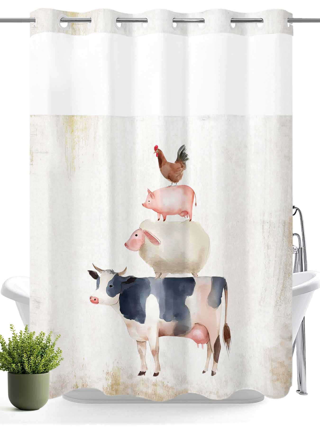 No Hook Shower Curtain with Snap in Liner,Farm Cow Sheep Pig Chicken ...