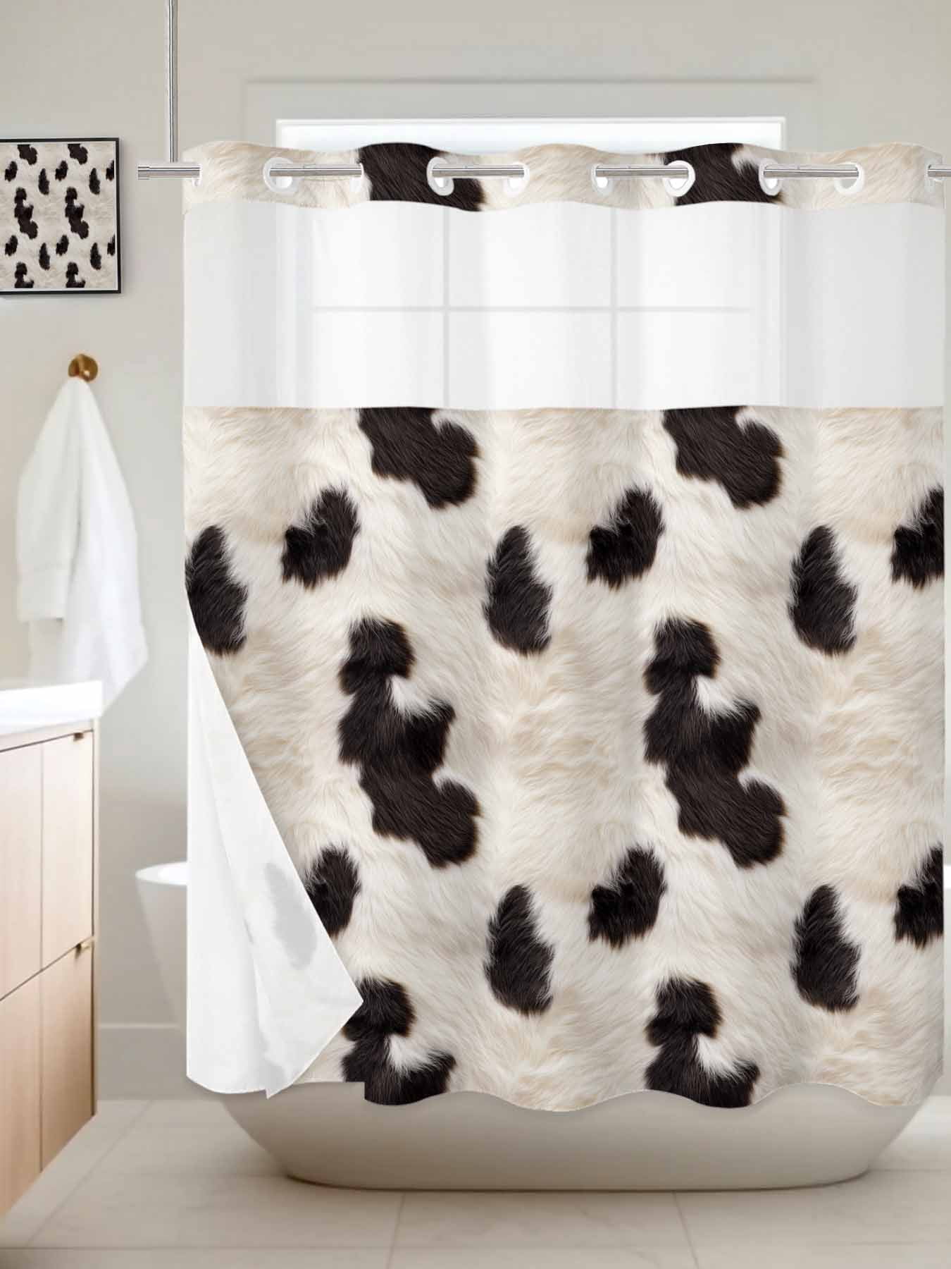 No Hook Shower Curtain with Snap in Liner, Farm Dairy Cow Skin Spots ...