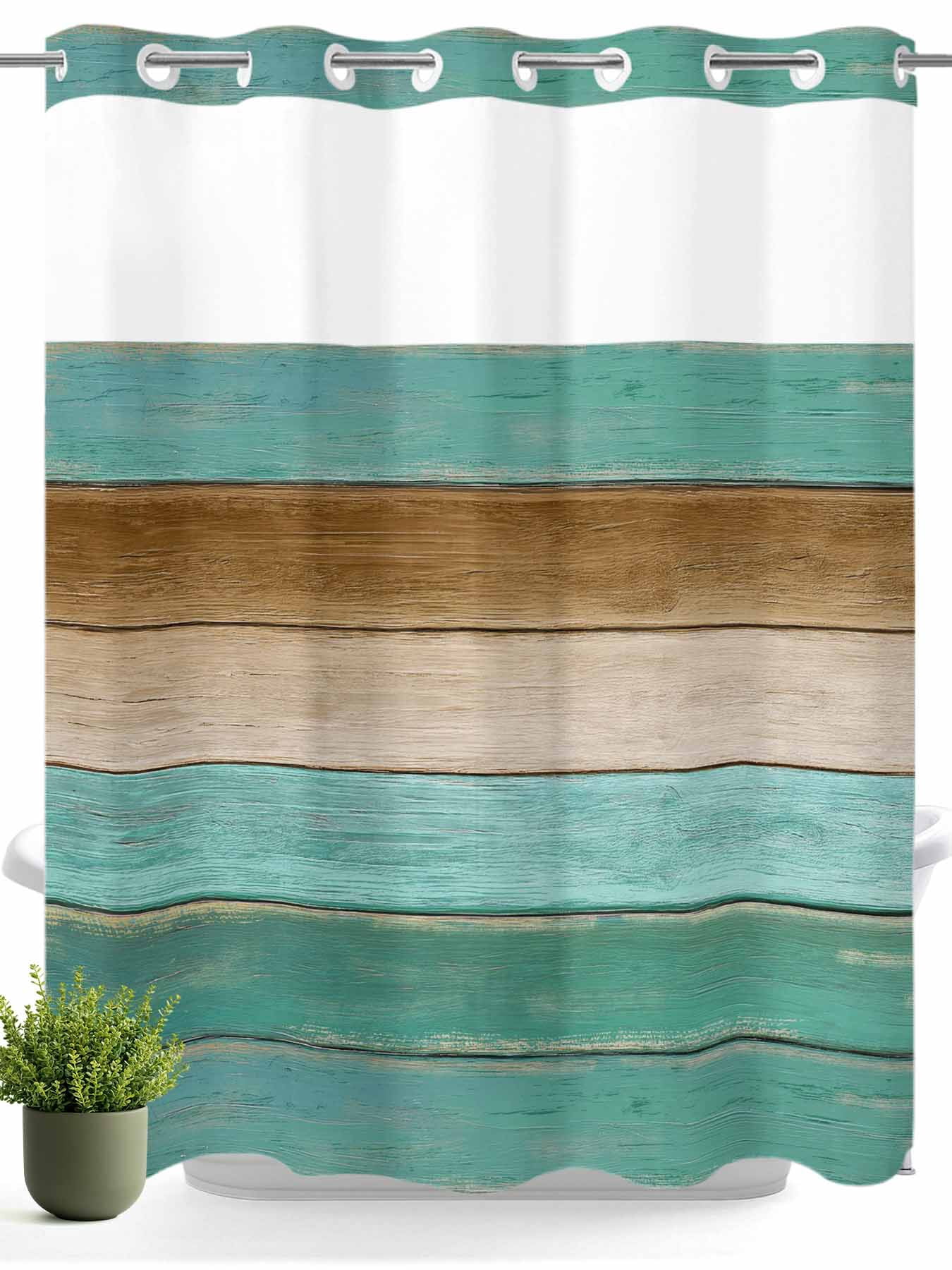 No Hook Shower Curtain with Snap in Liner,Farm Duck Green Wood Board ...