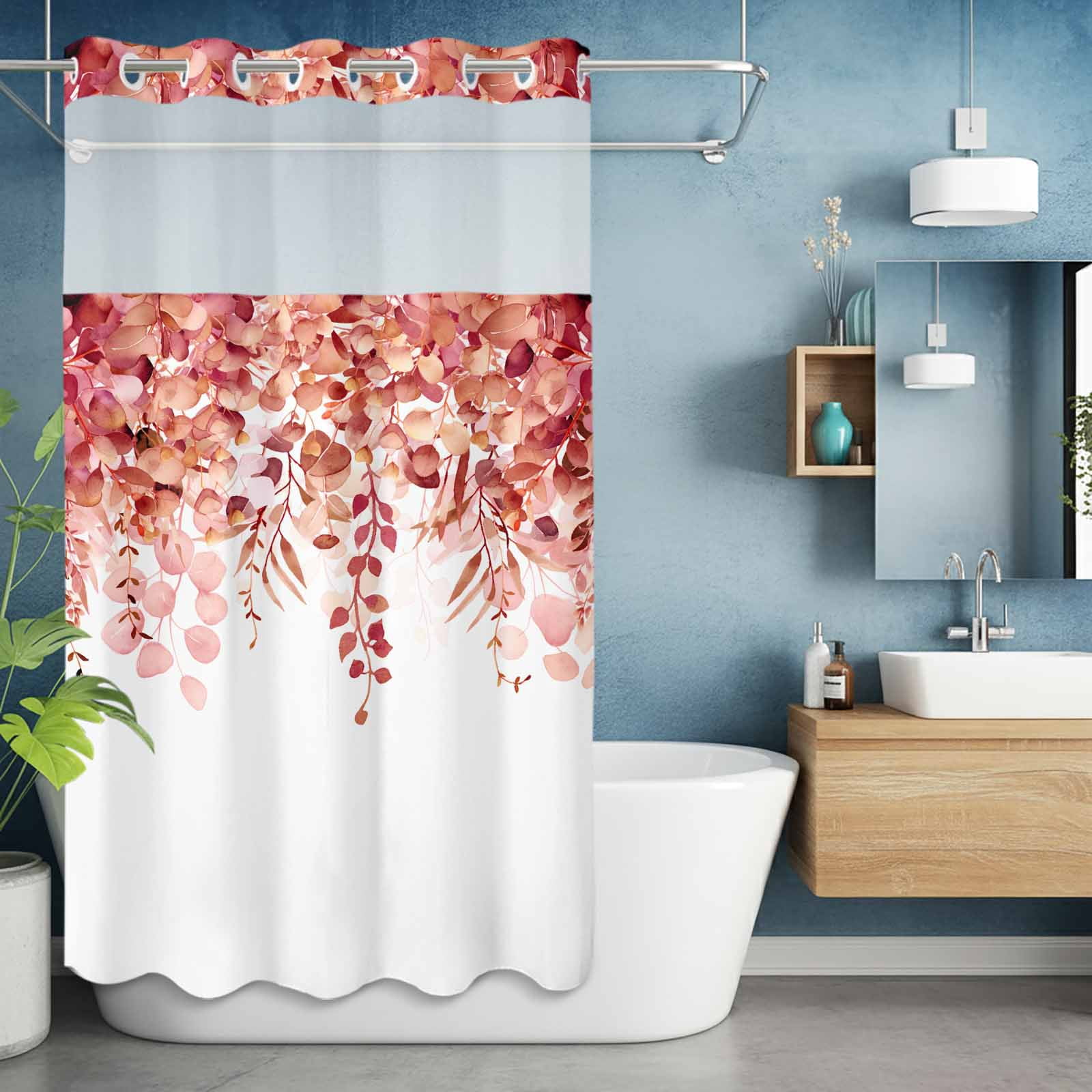 No Hook Shower Curtain with Snap in Liner, Farm Ombre Orange Pink ...