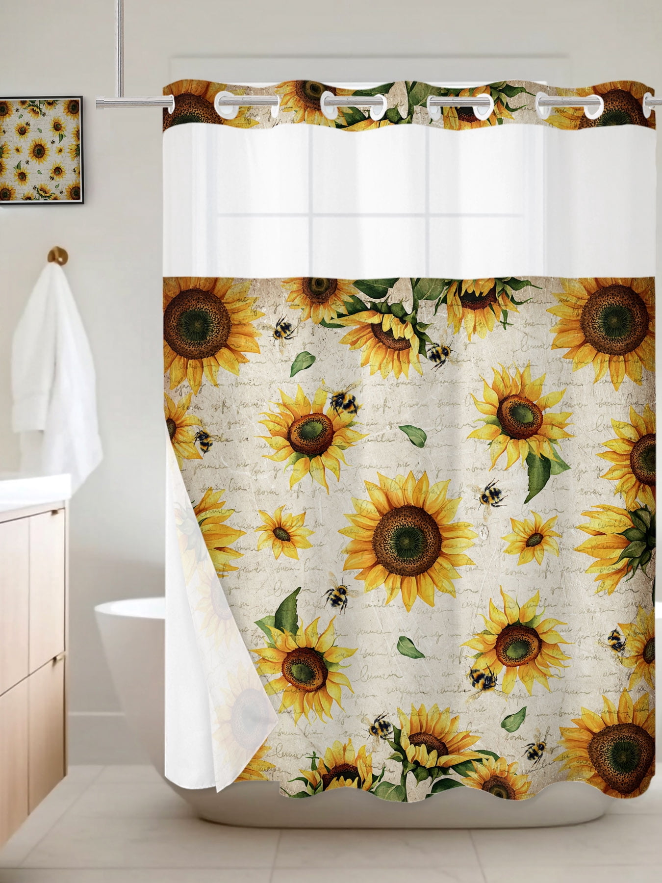 No Hook Shower Curtain with Snap in Liner, Farm Sunflower Bee Vintage ...