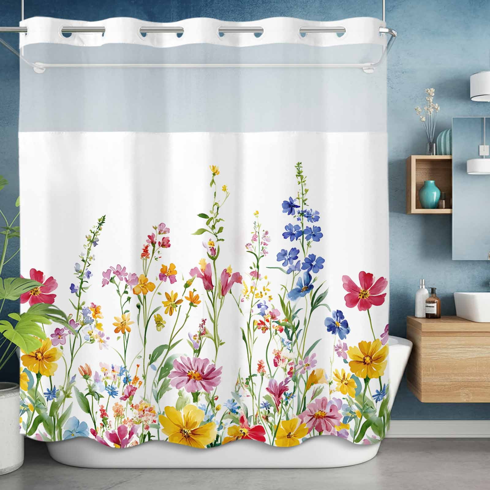 No Hook Shower Curtain with Snap in Liner, Farm Wild Flower Waterproof ...