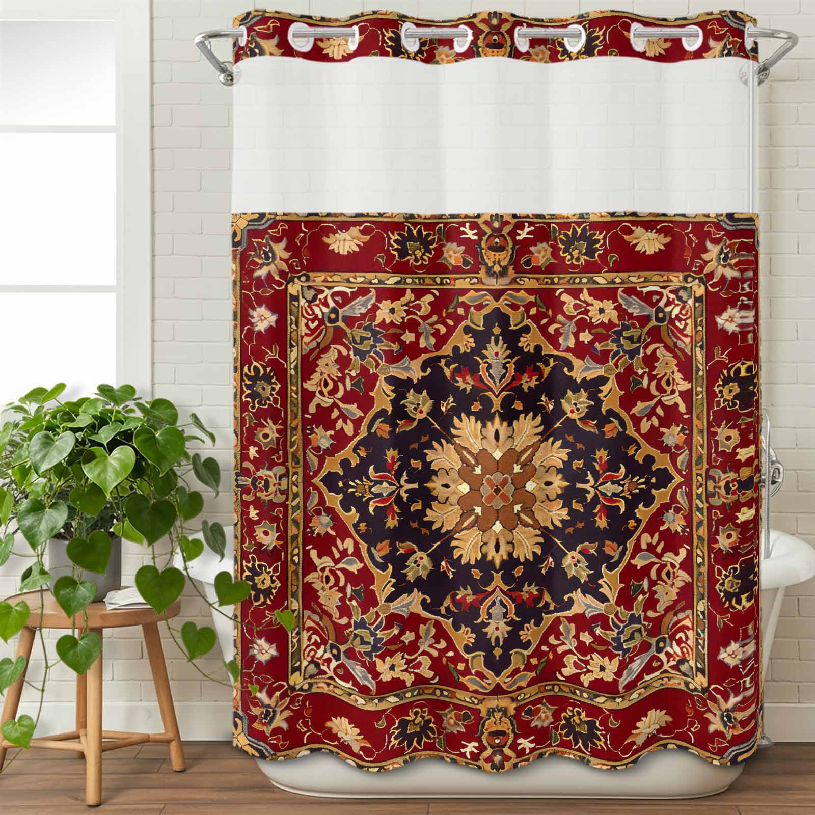 No Hook Shower Curtain with Snap in Liner, Floral Leaves Frames Vintage ...