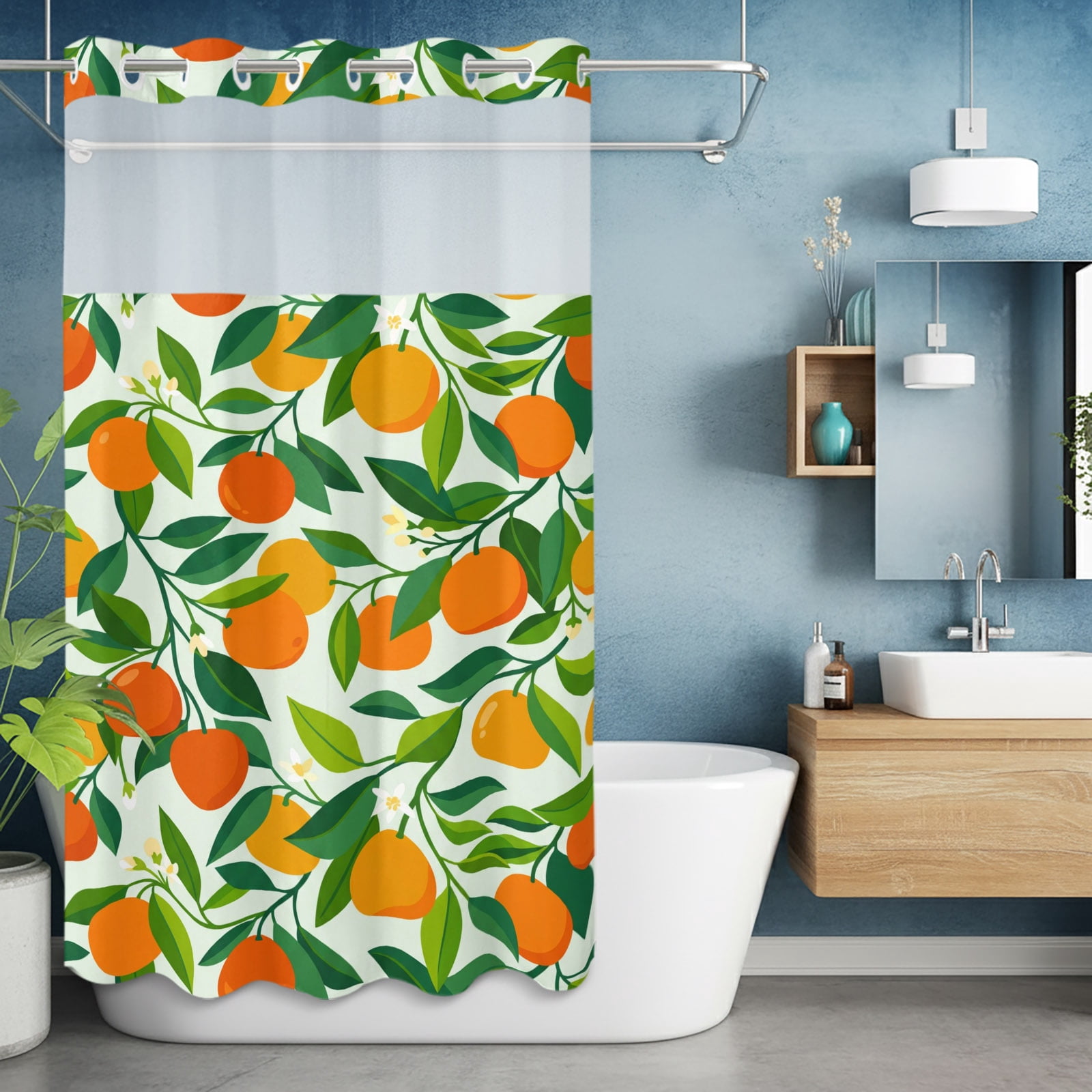 No Hook Shower Curtain with Snap in Liner, Fruit Oranges Citrus Leaves ...