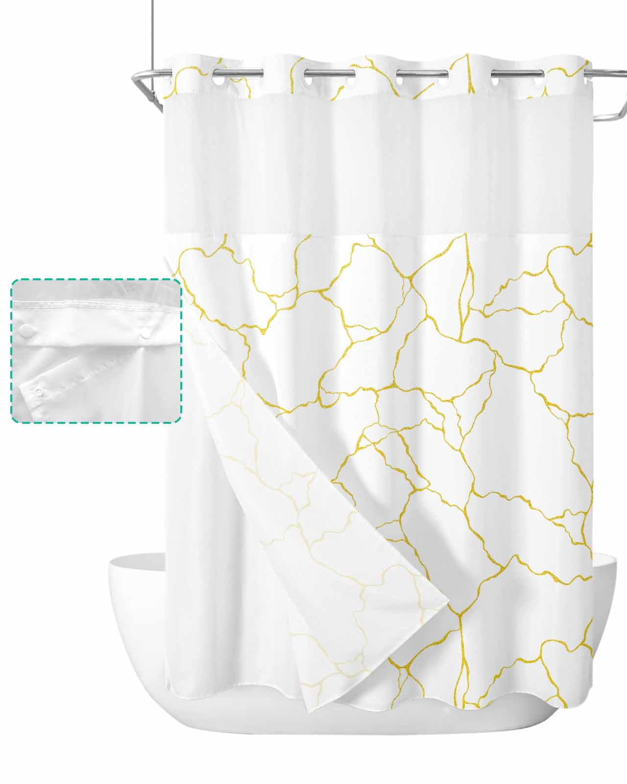 No Hook Shower Curtain with Snap in Liner, Gold Modern Geometric Lines ...